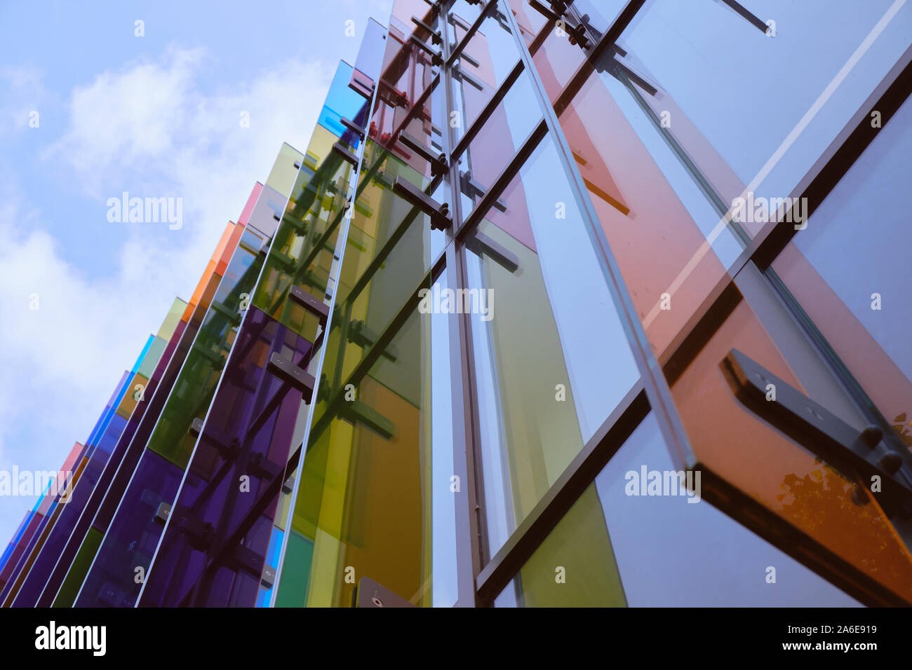 Close up of architectural feature of multi coloured vertical glass slat ...