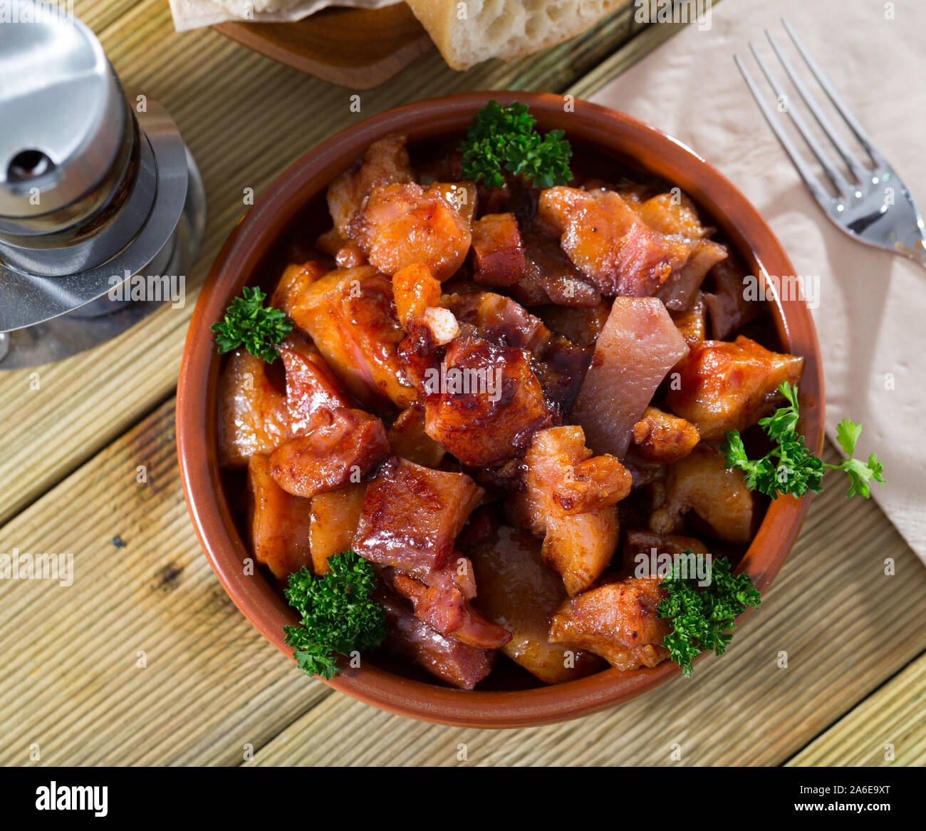 Top view of braised chopped pork snouts (Morro de cerdo) served in ...