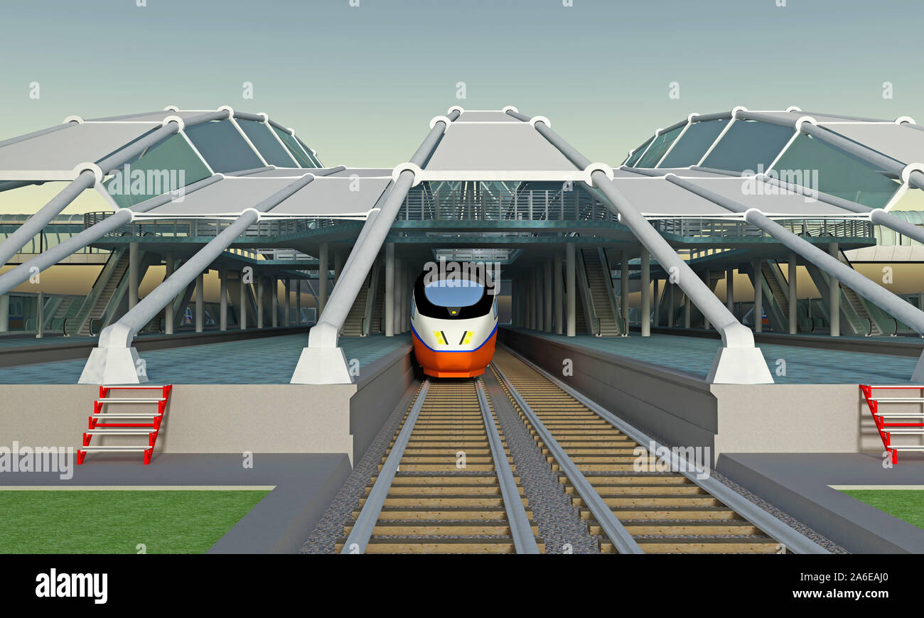 covered train station front view. 3d rendering Stock Photo - Alamy