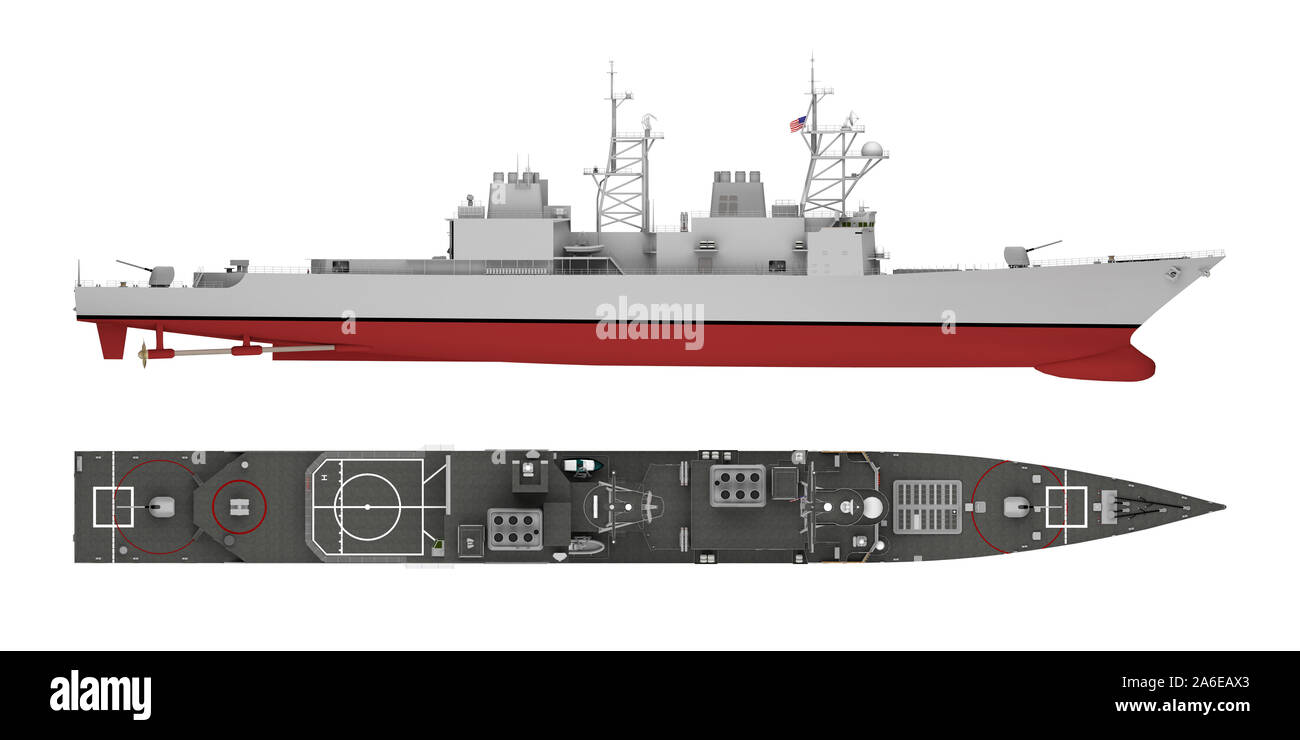 warship side view and top view isolated on white. 3d rendering Stock ...