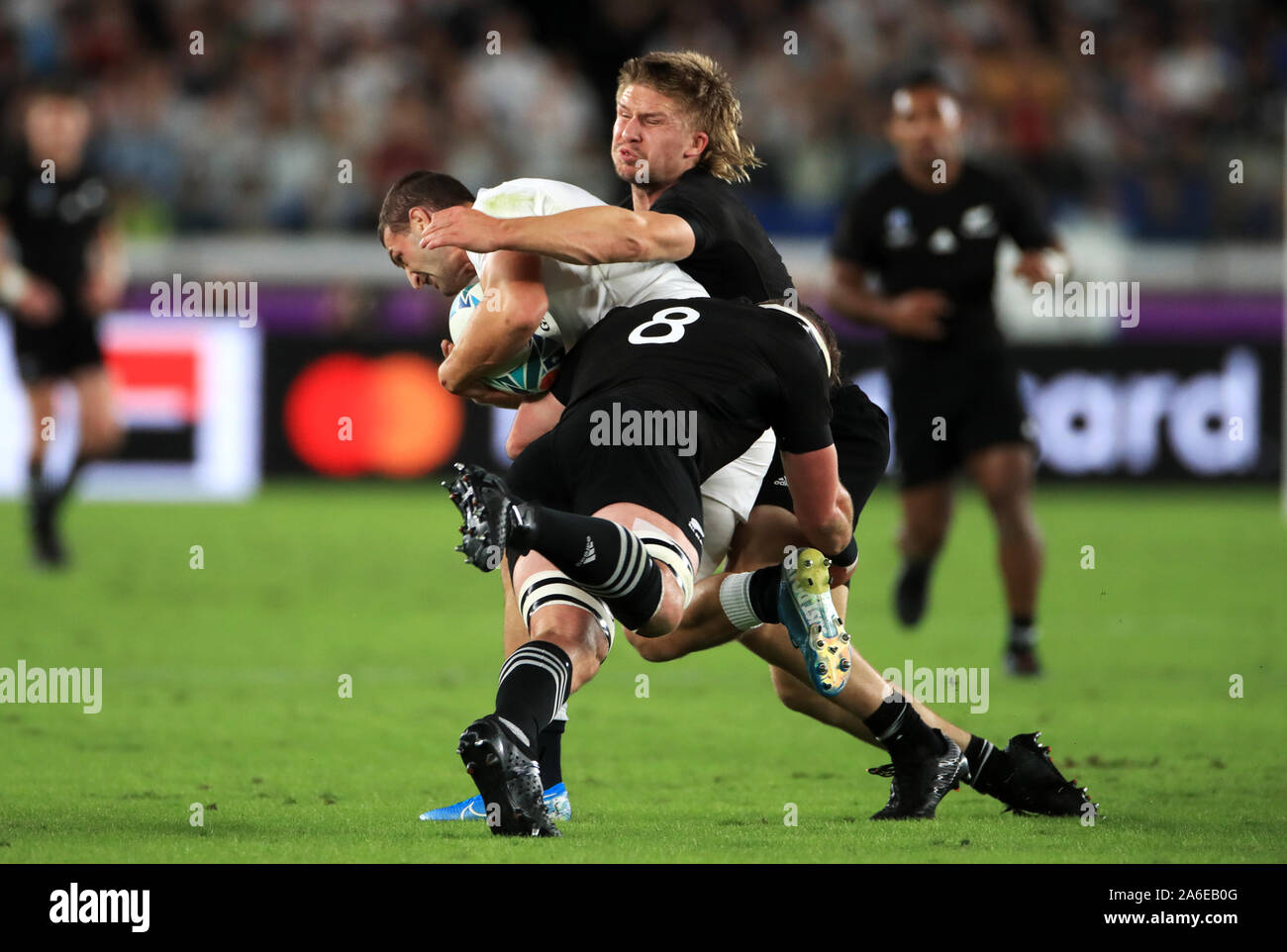 England's Jonny May is tackled during the 2019 Rugby World Cup Semi ...