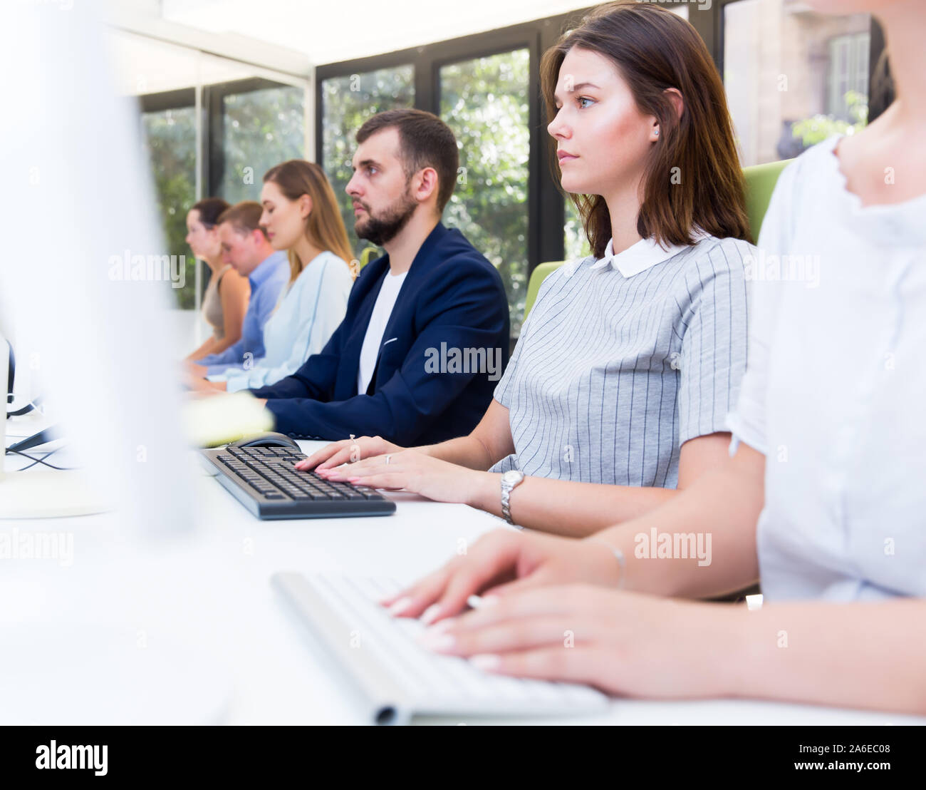 Side view of row of nice business people working with computers in ...