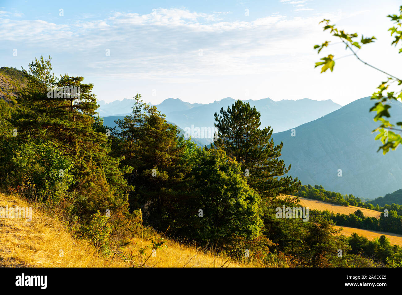 Picturesque autumn landscape on background of mountain ranges of French ...