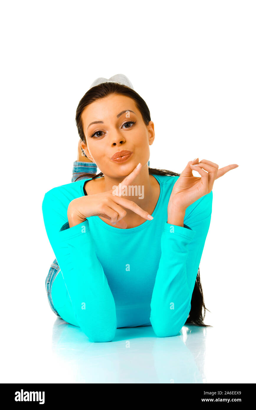 Young woman is showing with her finger direct to look on. Isotaled on ...