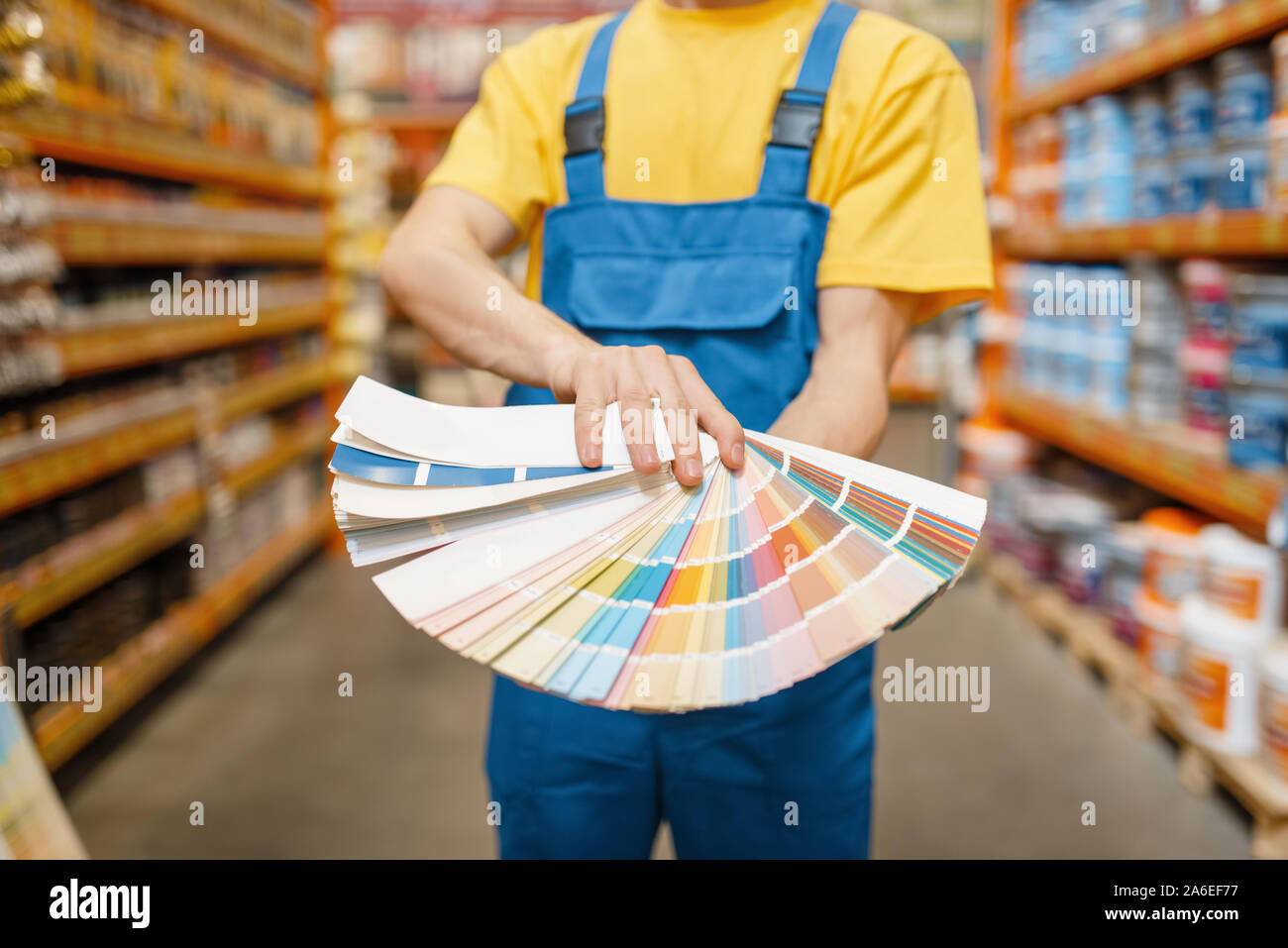 Assistant and customer with color palette, diy Stock Photo - Alamy