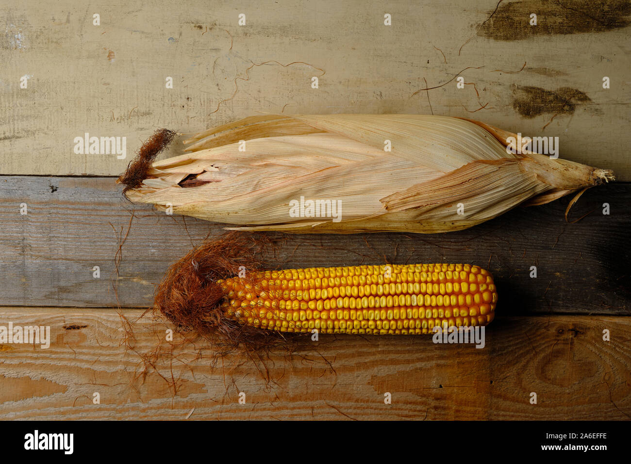 Still life of some corn cobs on old wooden background Stock Photo - Alamy