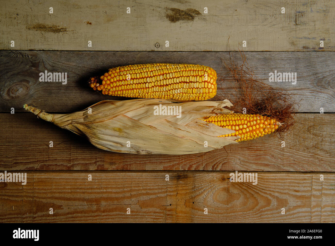 Still life of some corn cobs on old wooden background Stock Photo - Alamy