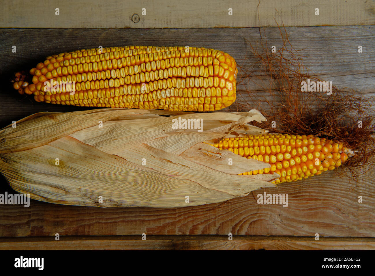 Still life of some corn cobs on old wooden background Stock Photo - Alamy