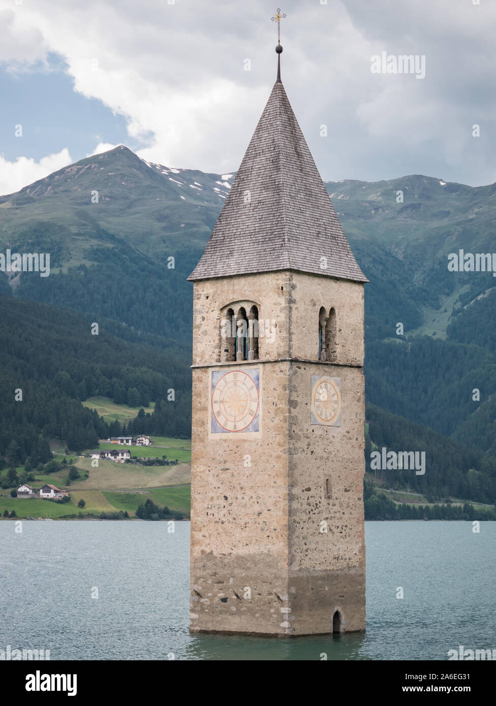 Close-up view of the famous church tower in Lake Resia/Reschen in Graun ...