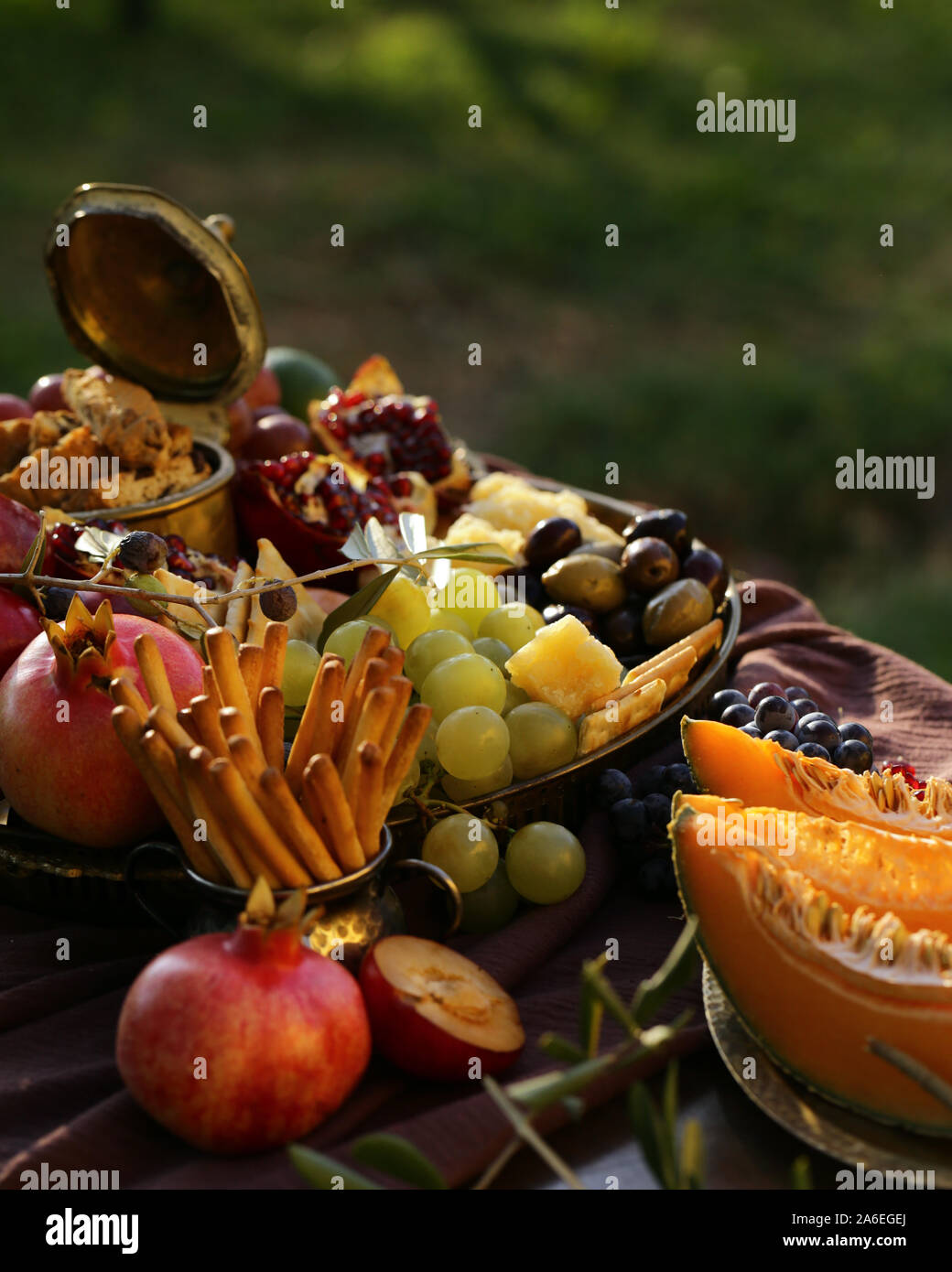 festive autumn table setting with fruits and cheese Stock Photo - Alamy