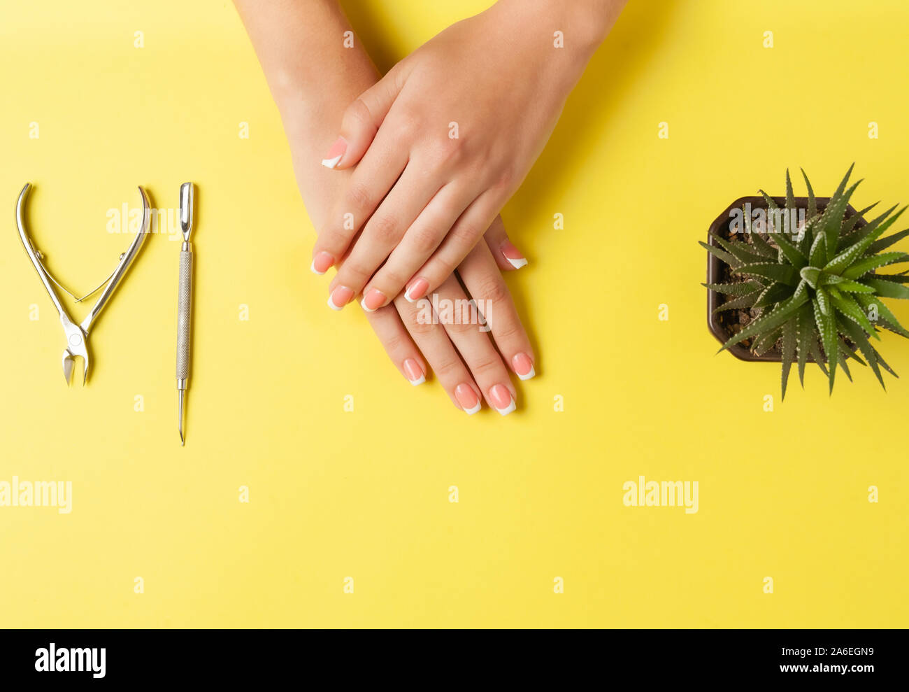 Neat beautiful french manicure on the hands of a young woman. Tool for ...