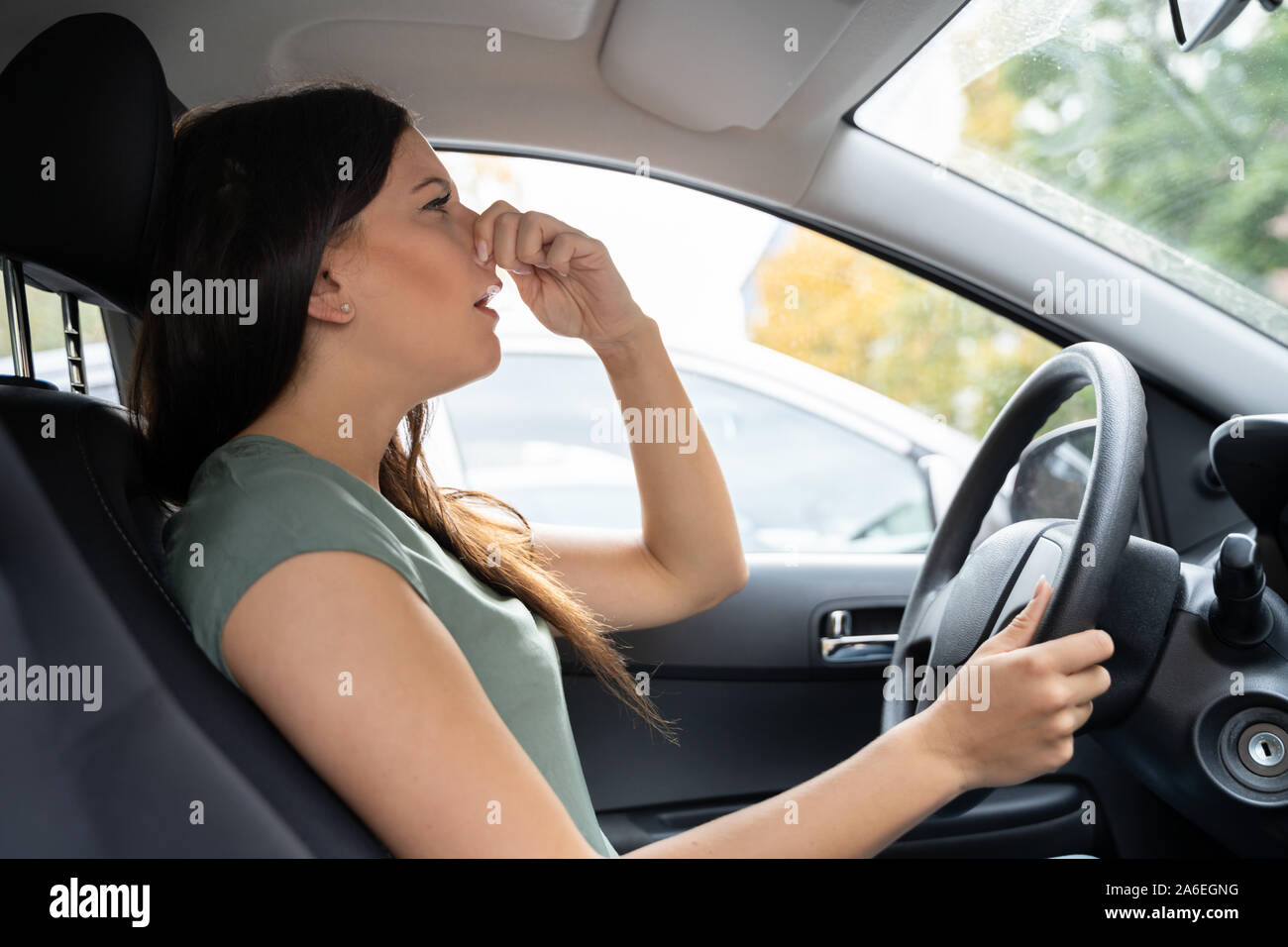 Woman Covering Her Nose From Bad Smell Inside The Car Stock Photo - Alamy