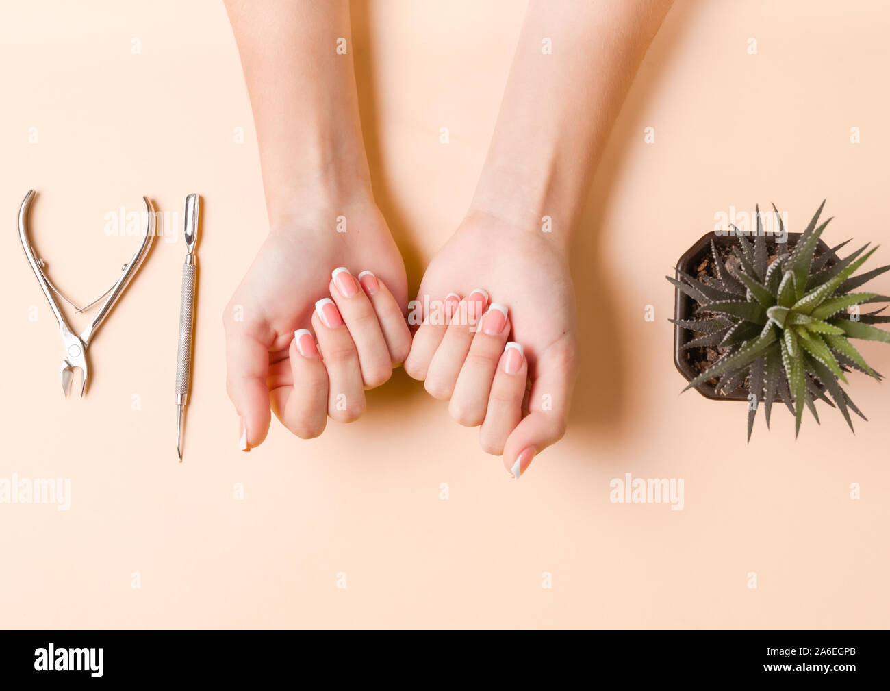 Neat beautiful french manicure on the hands of a young woman. Tool for ...