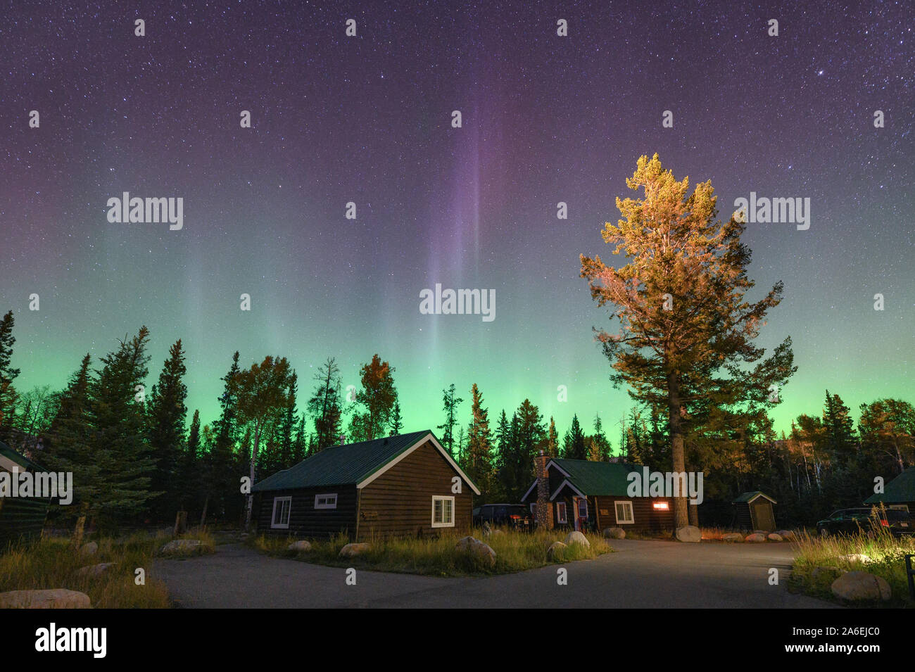 Aurora Borealis, Northern lights over wooden cottage in national park ...