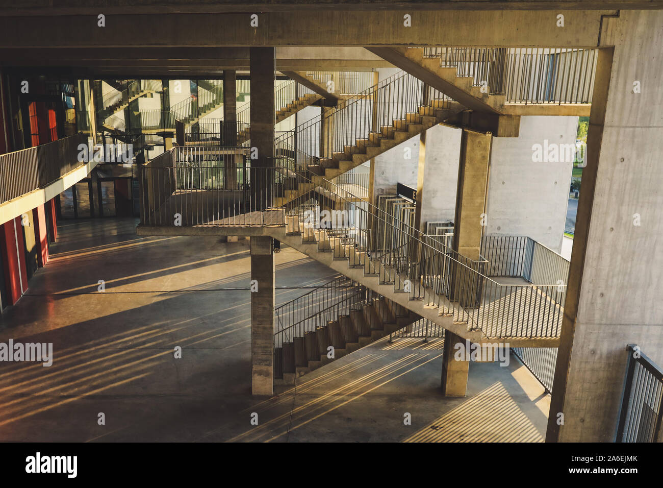 Architecture and various staircases and patterns inside a soccer ...
