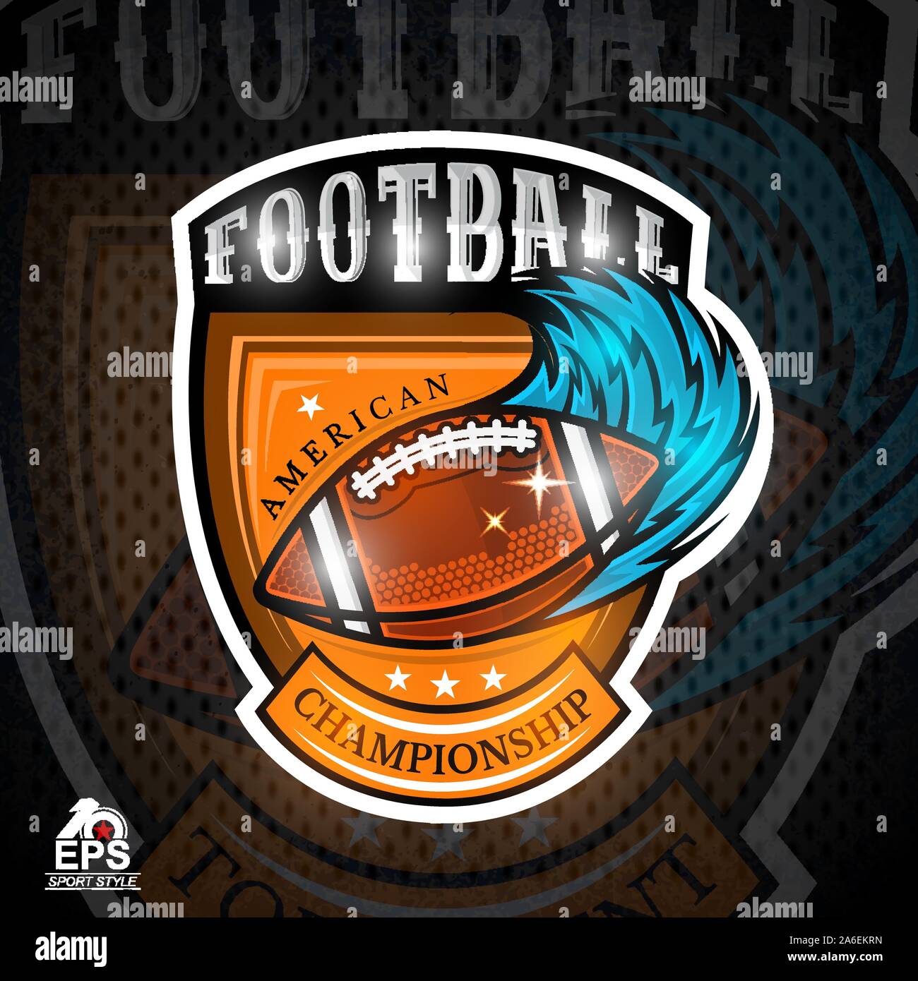 American football ball with blue speed trail in center of shield. Sport ...