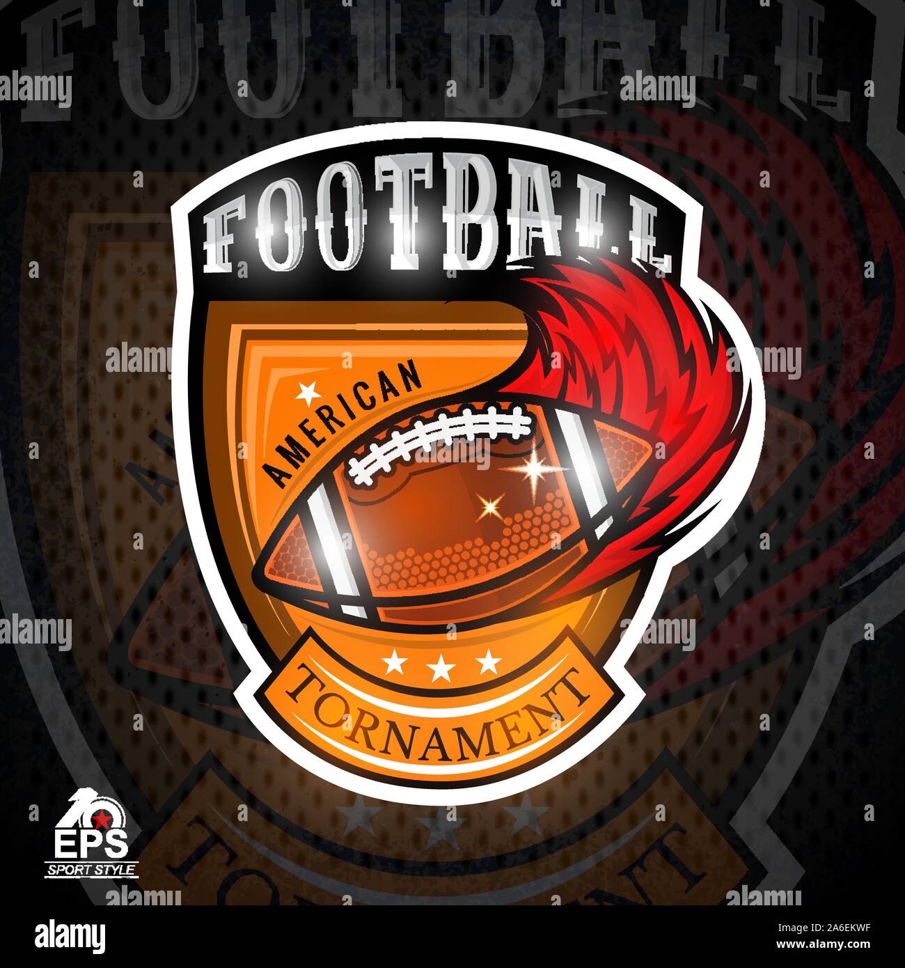 American football ball with red fire trail in center of shield. Sport ...
