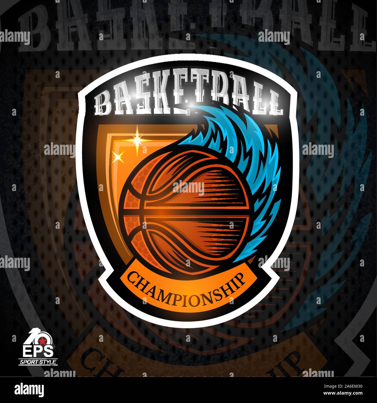 Basketball ball with blue speed trail in center of shield. Sport logo ...