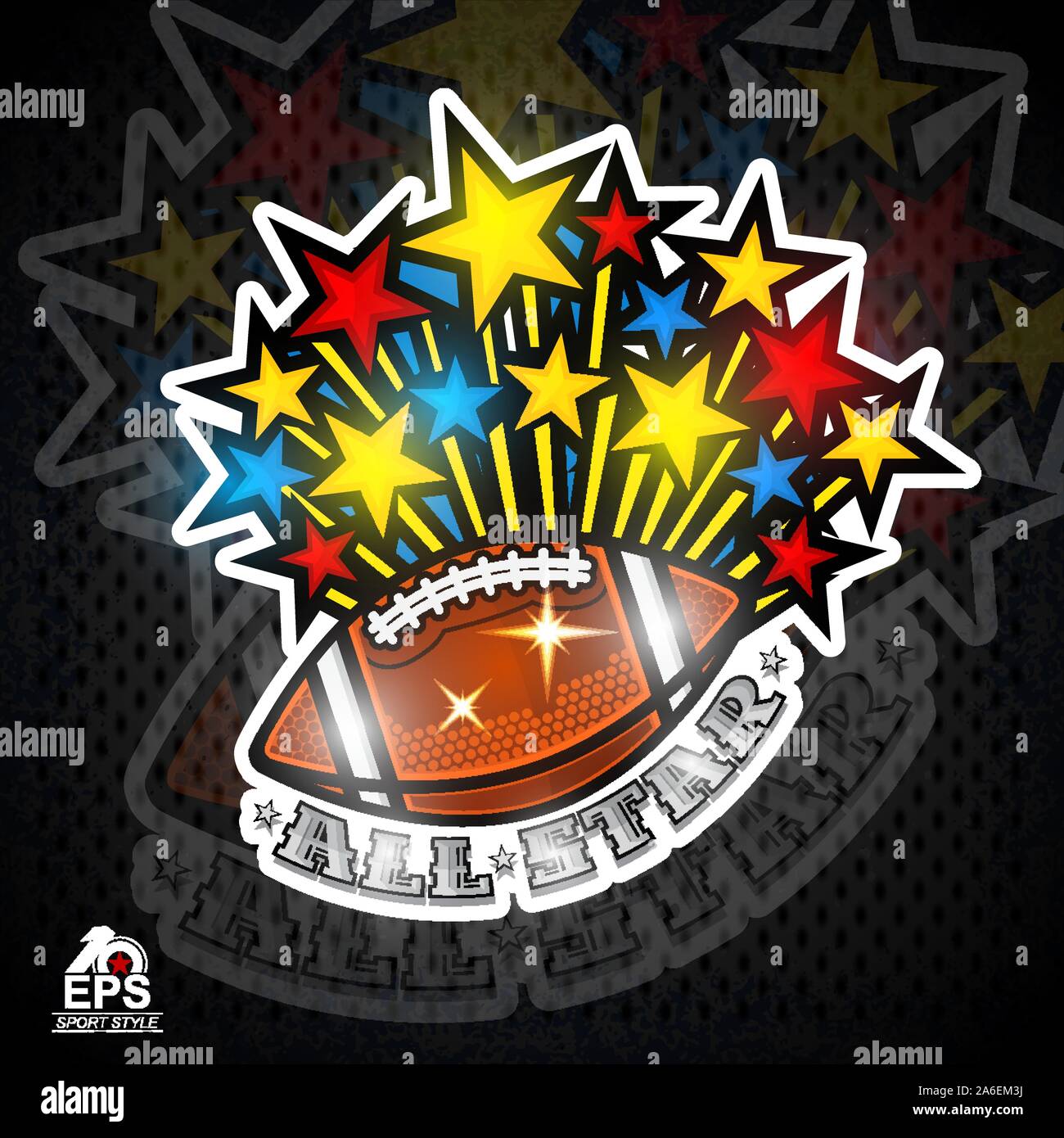 Colored stars fly out from american football ball. Sport logo for all ...