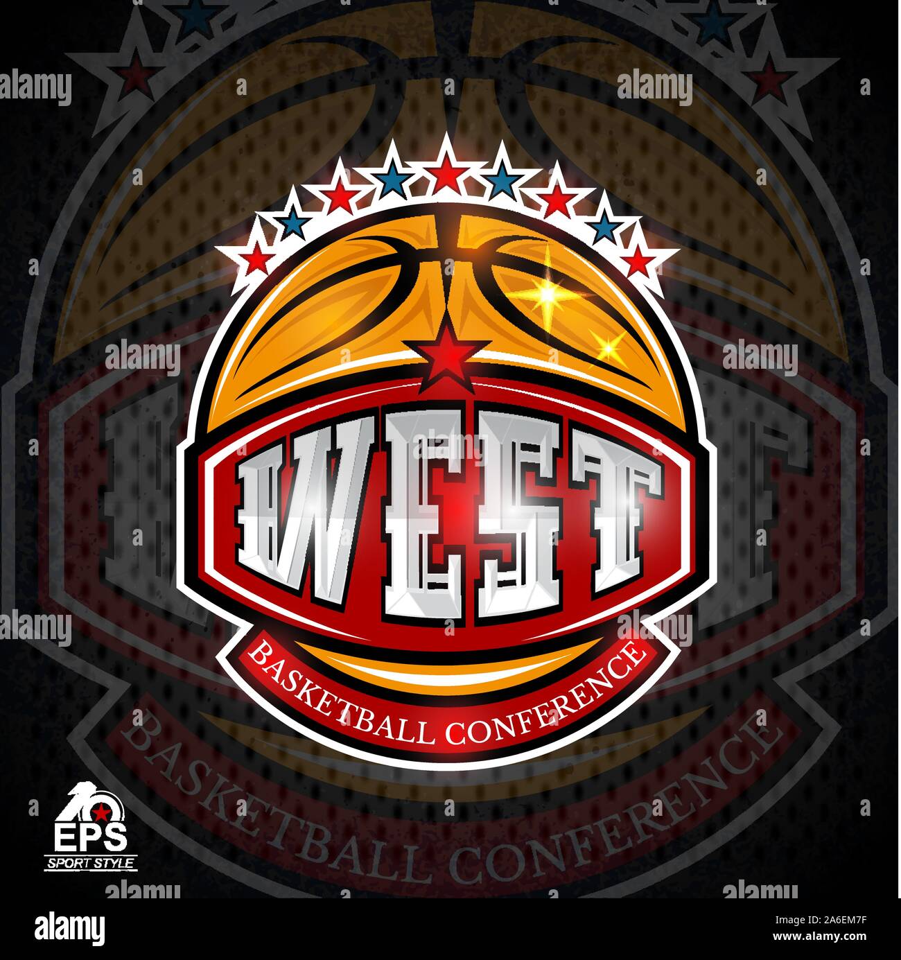 Basketball ball with text west conference on red baner. Vector sport ...