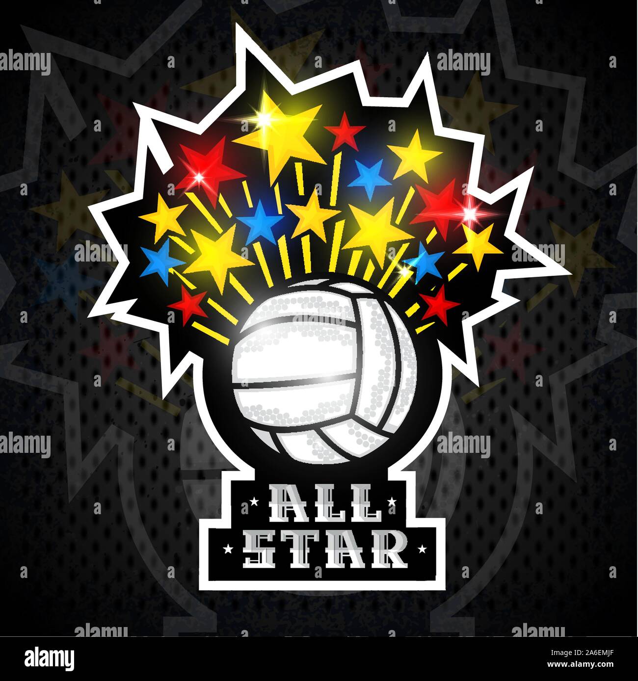 Multicolored stars fly out from volleyball ball and text all star ...