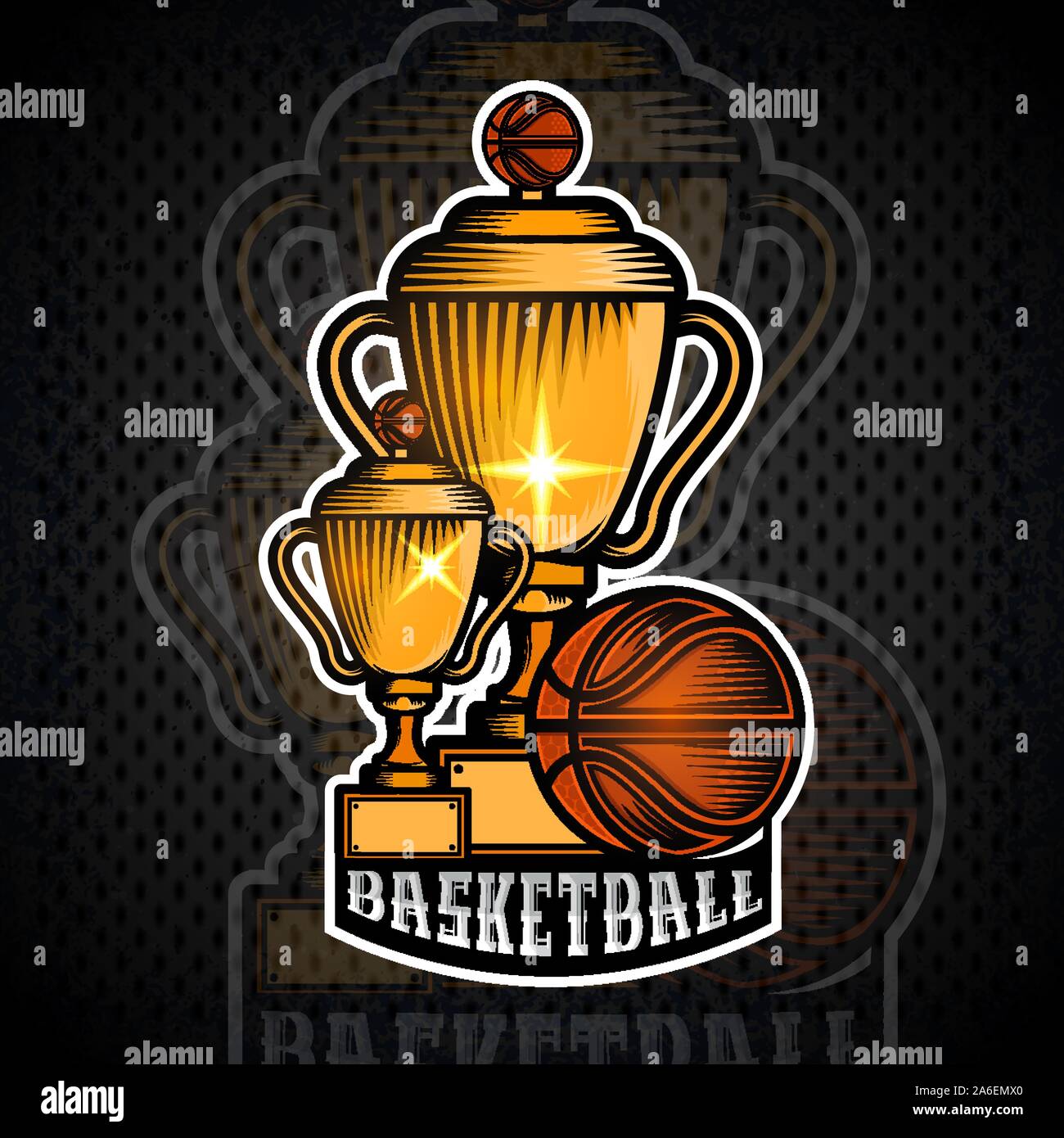 Two golden basketball cups with ball. Vector sport banner or emblem in ...