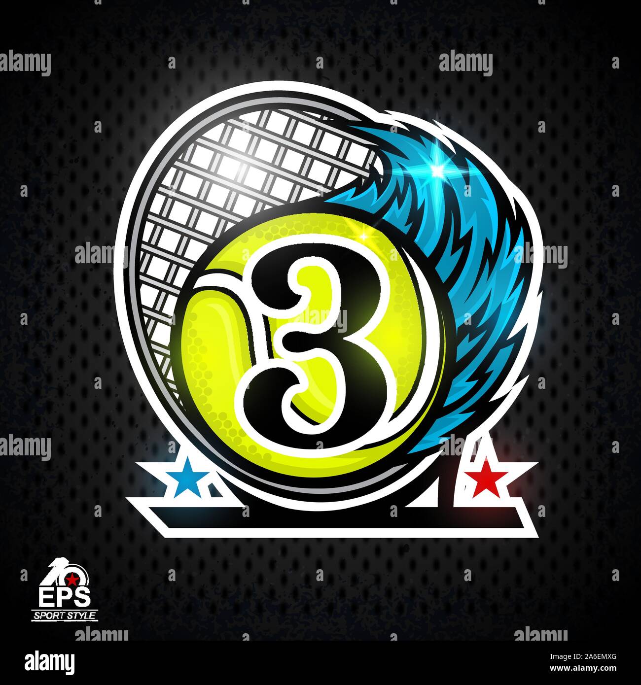 Racquet and tennis ball with number three or third place. Sport logo ...
