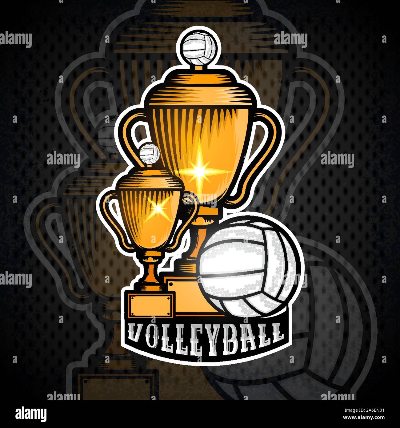 Two golden volleyball cups with ball. Vector sport banner or emblem in ...