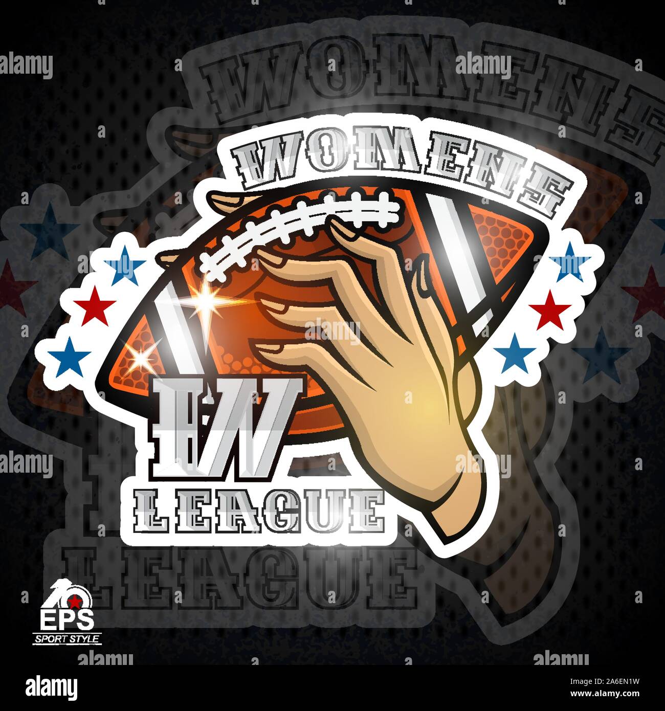 Two lady hands hold american football ball with letter W. Sport logo ...