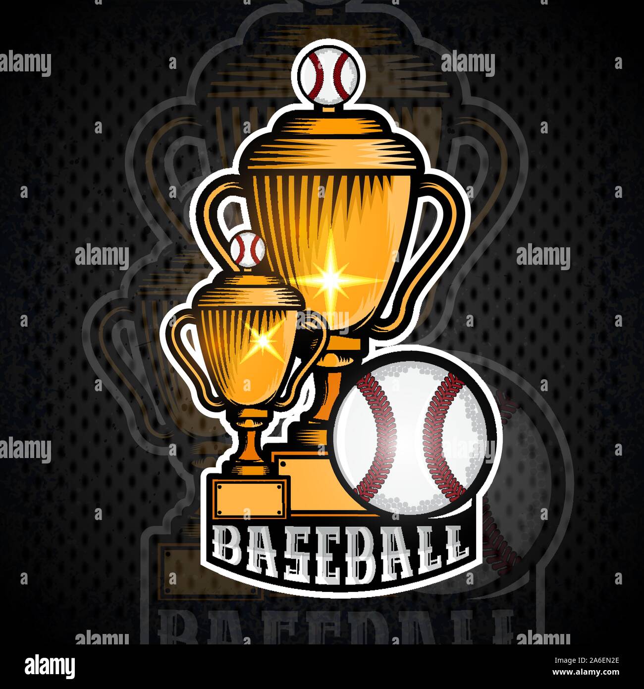 Two golden baseball cups with ball. Vector sport banner or emblem in ...