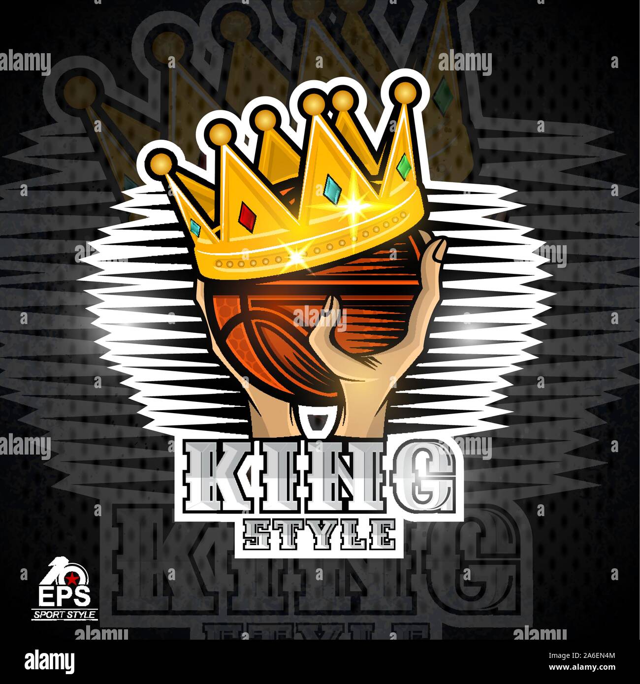 Two hands hold basketball ball with golden crown. Sport logo for any ...