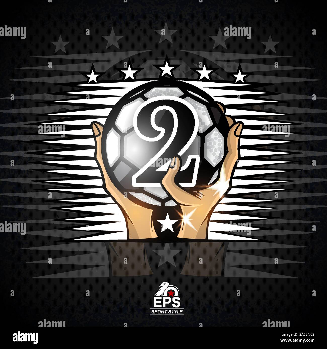 Two hands hold soccer ball with number two. Sport logo for any football ...