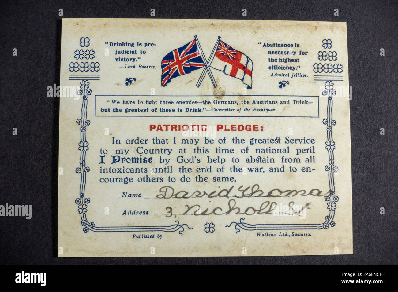 A Patriotic Pledge card, (pledging to not drink alcohol), a piece of ...