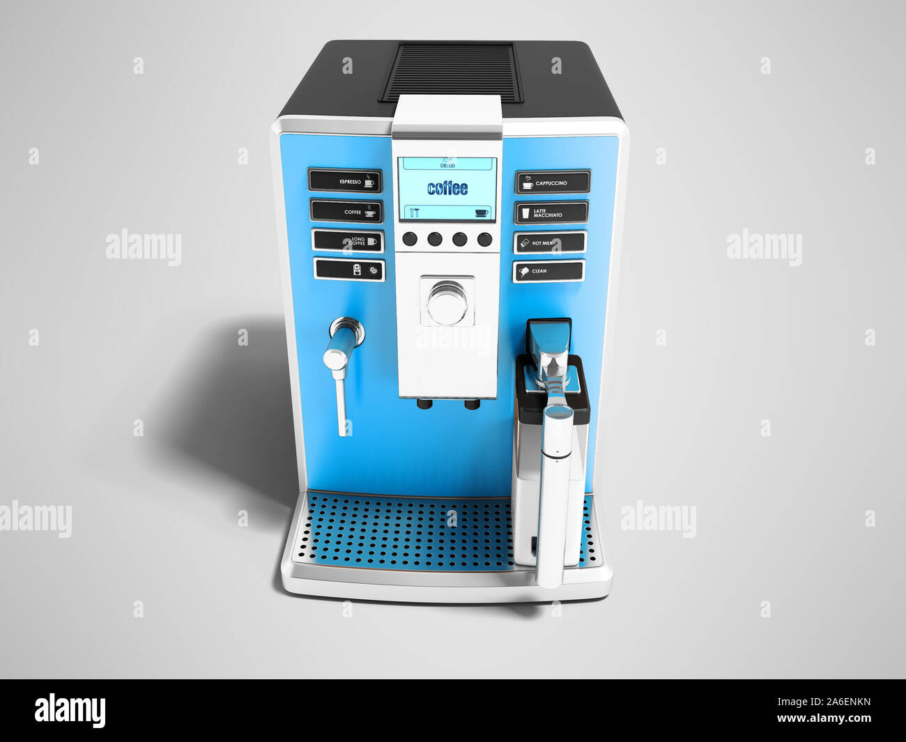 Modern blue coffee machine with milk dispenser on one cup front view 3d ...