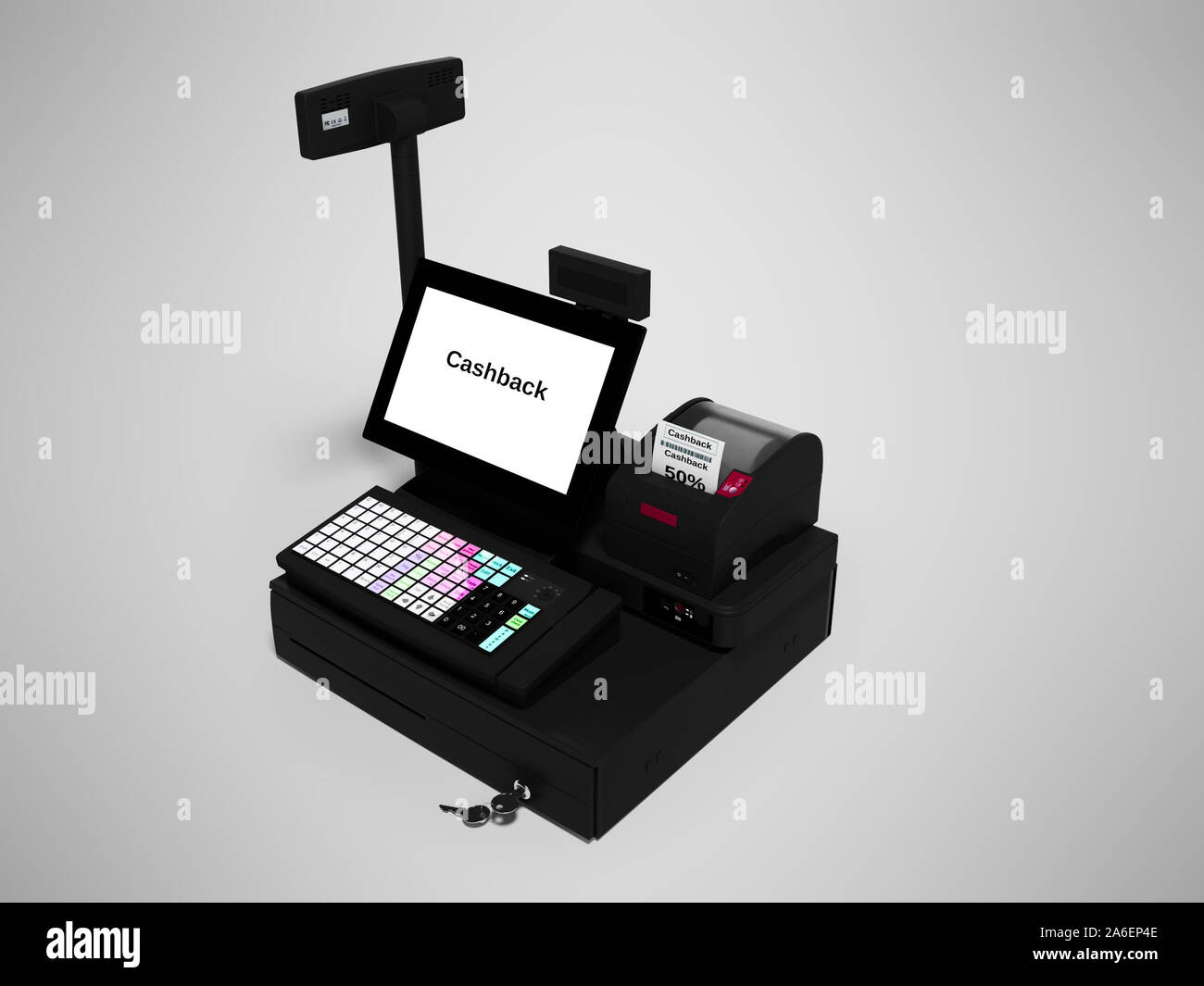 Gray cashier with monitor with cashback function while printing receipt ...