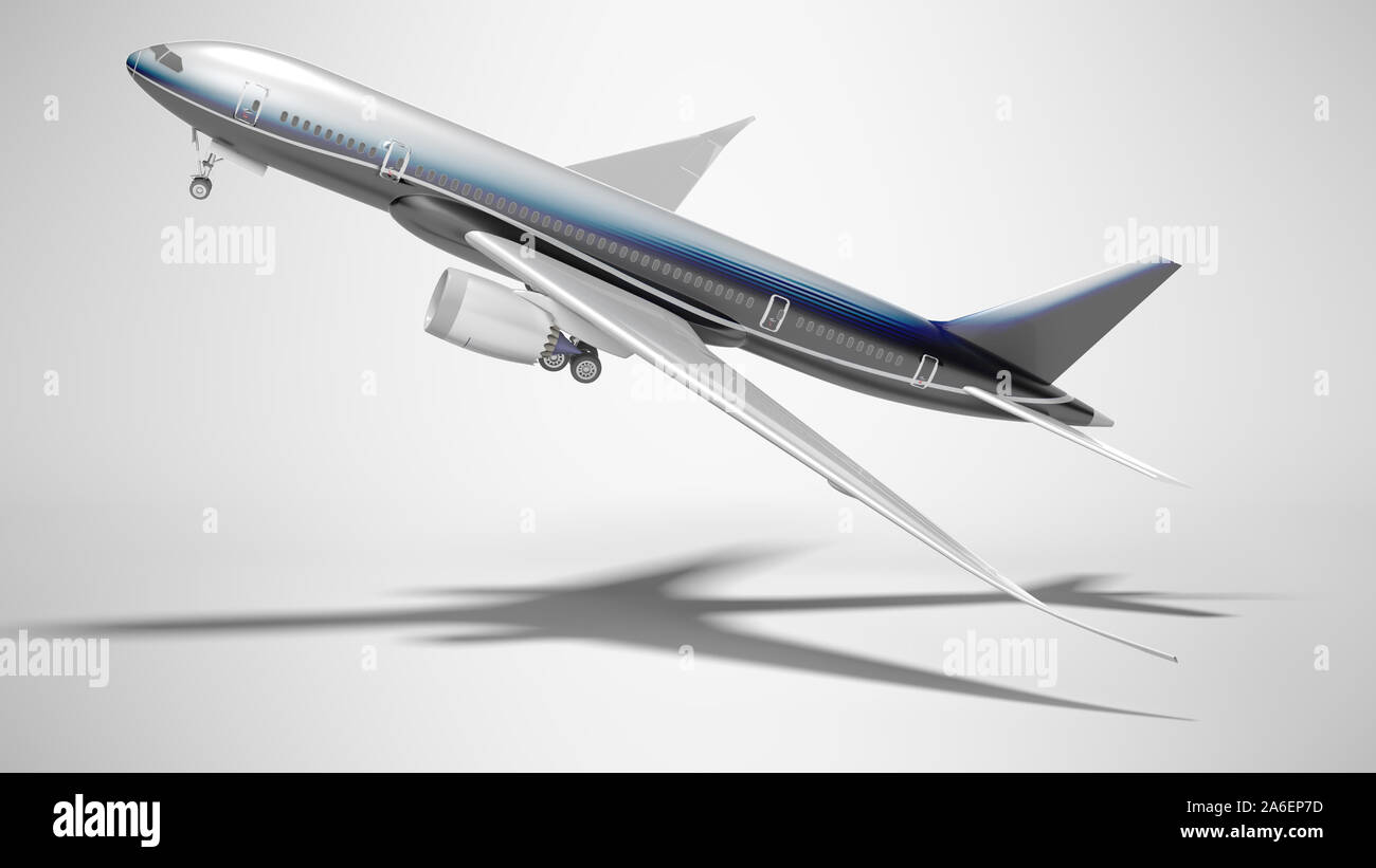 Passenger plane takes off side view 3d render on gray background with ...