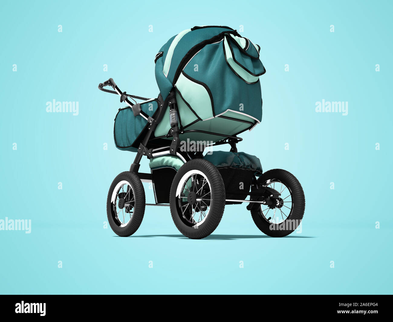 Blue pram with pockets for baby boy 3d render on blue background with ...