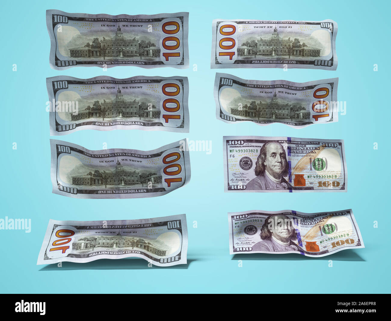 Dollar notes fall on the floor 3d render on blue background with shadow ...