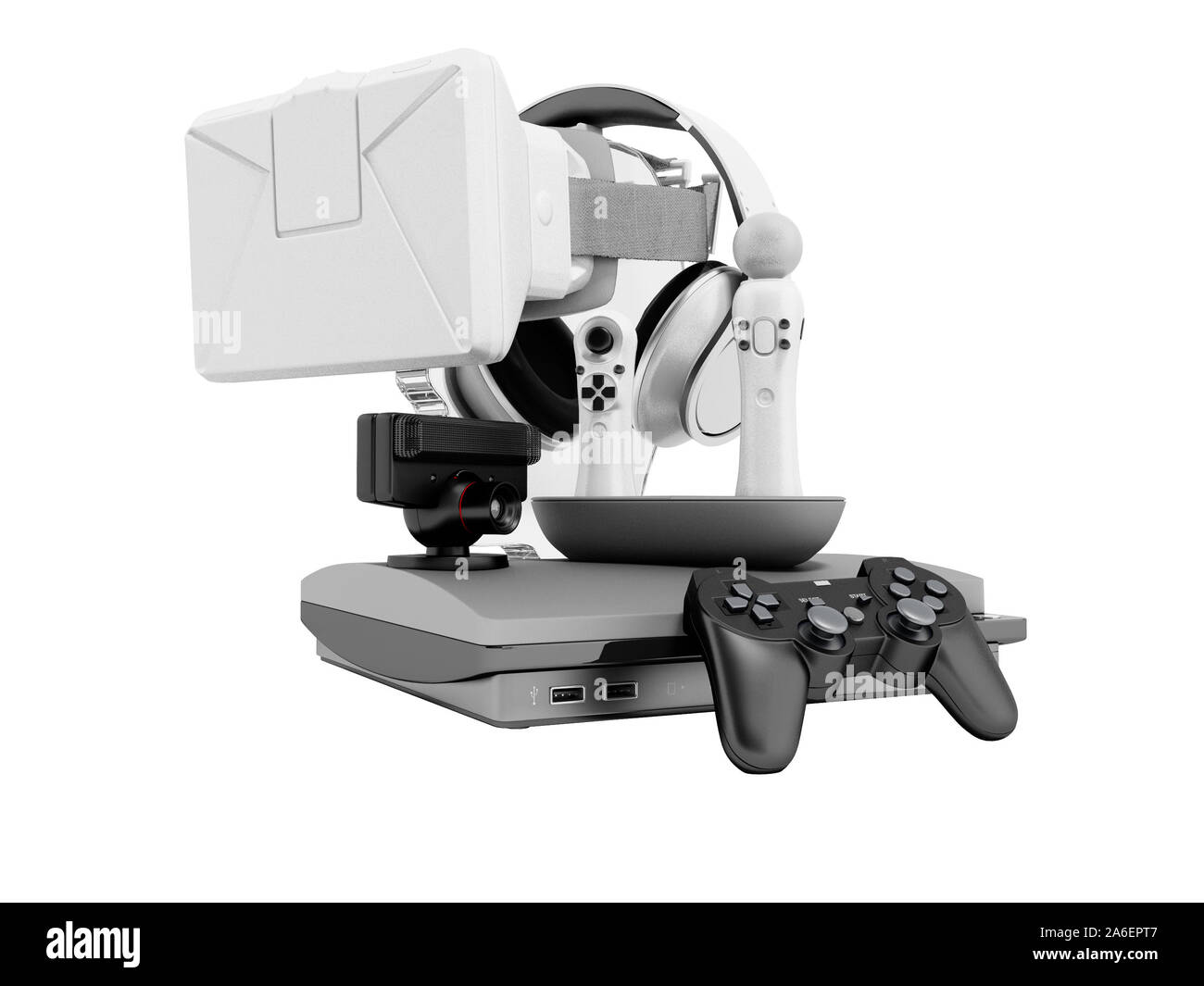 Group of game consoles for entertainment 3d render on white background ...