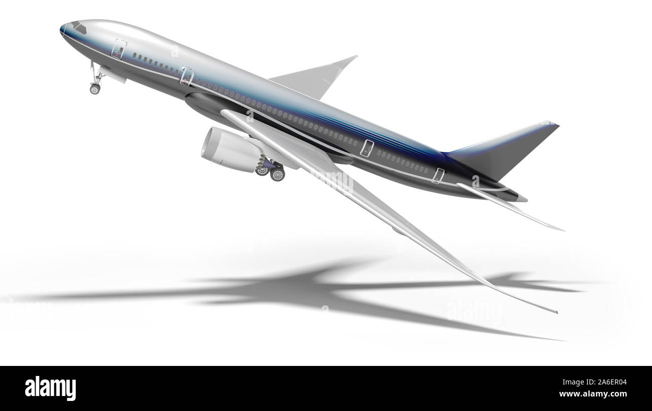 Passenger plane takes off side view 3d render on white background with ...