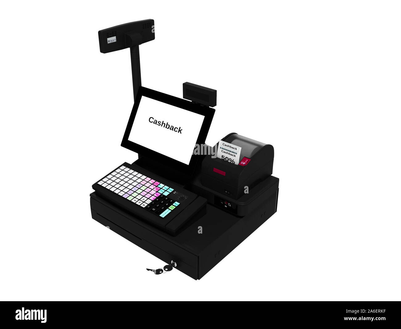 Gray cashier with monitor with cashback function while printing receipt ...