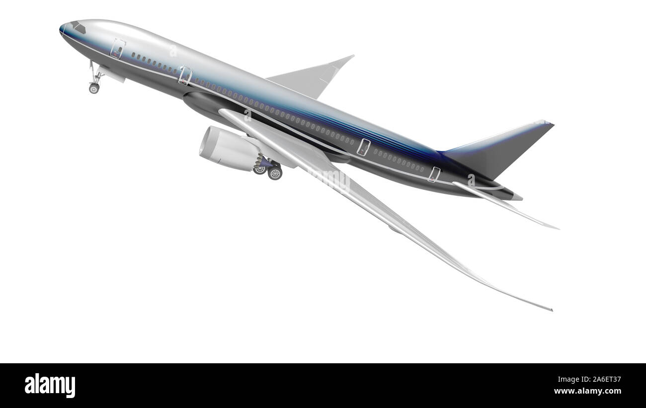 Passenger plane takes off side view 3d render on white background no ...