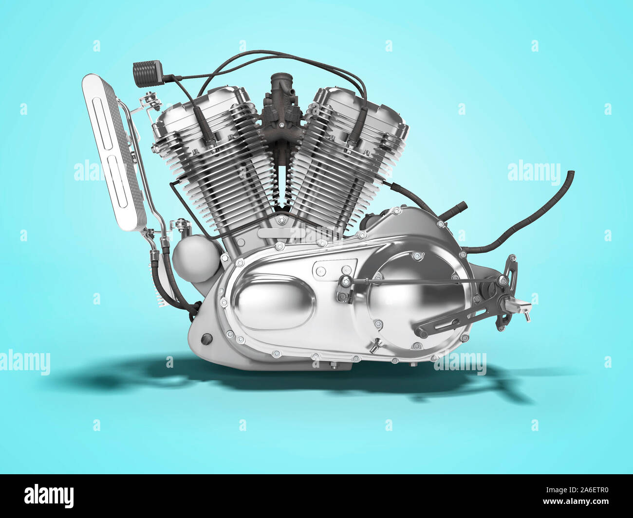 Motorcycle engine isolated left view 3d render on blue background with ...