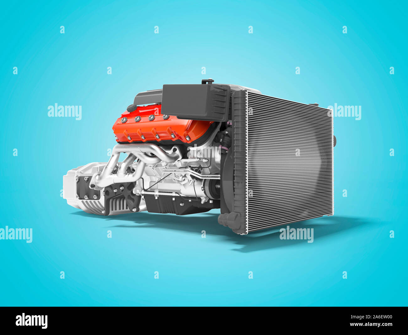 Car engine with radiator grille transmission with air filters 3d render ...