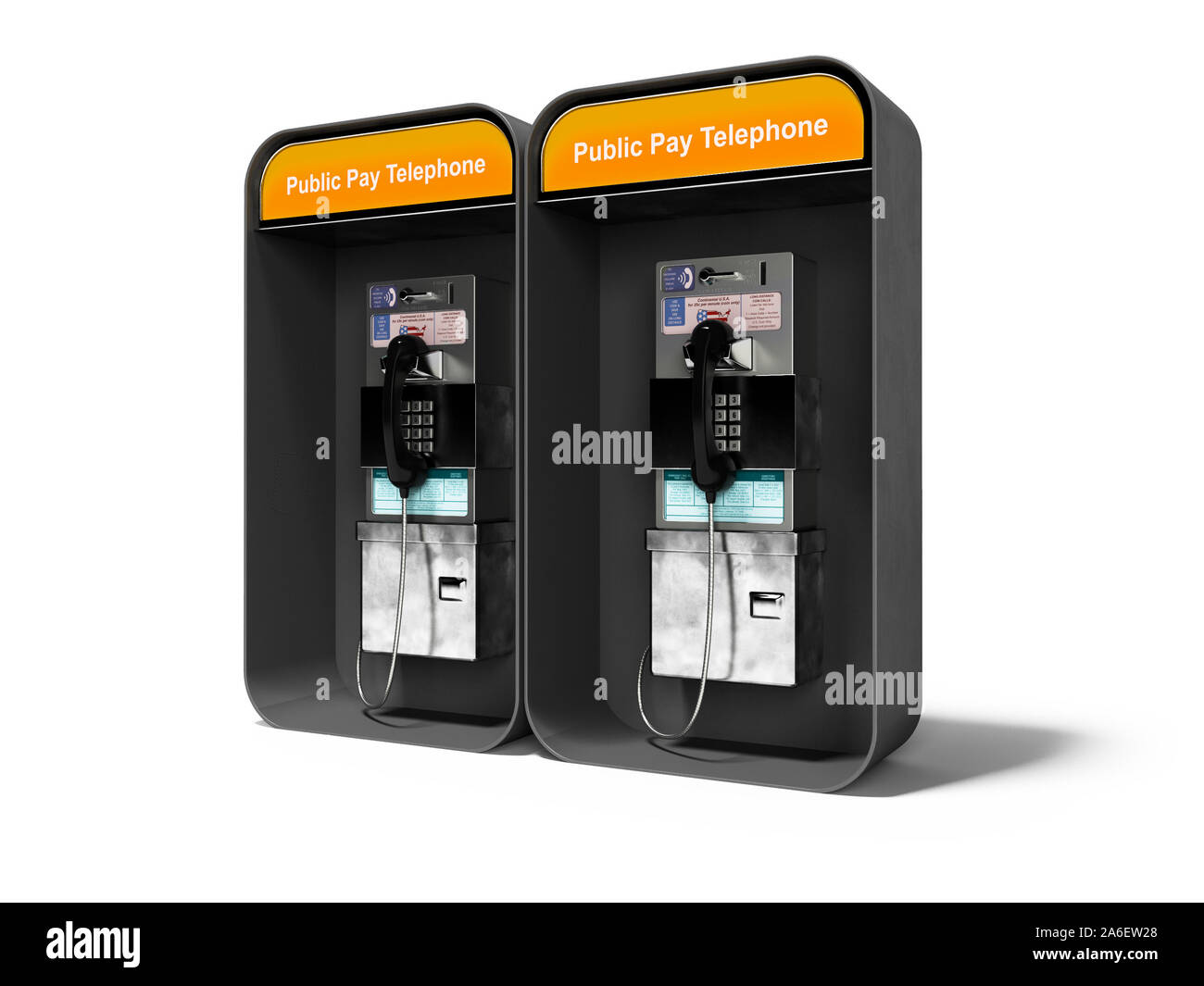 Concept metal dual telephone booth with 3d render money on white ...