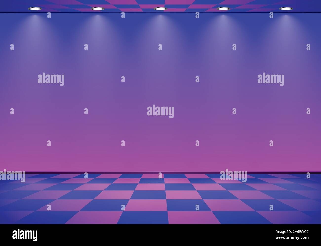 80s styled vapor wave room with blue and purple wall over checked floor ...