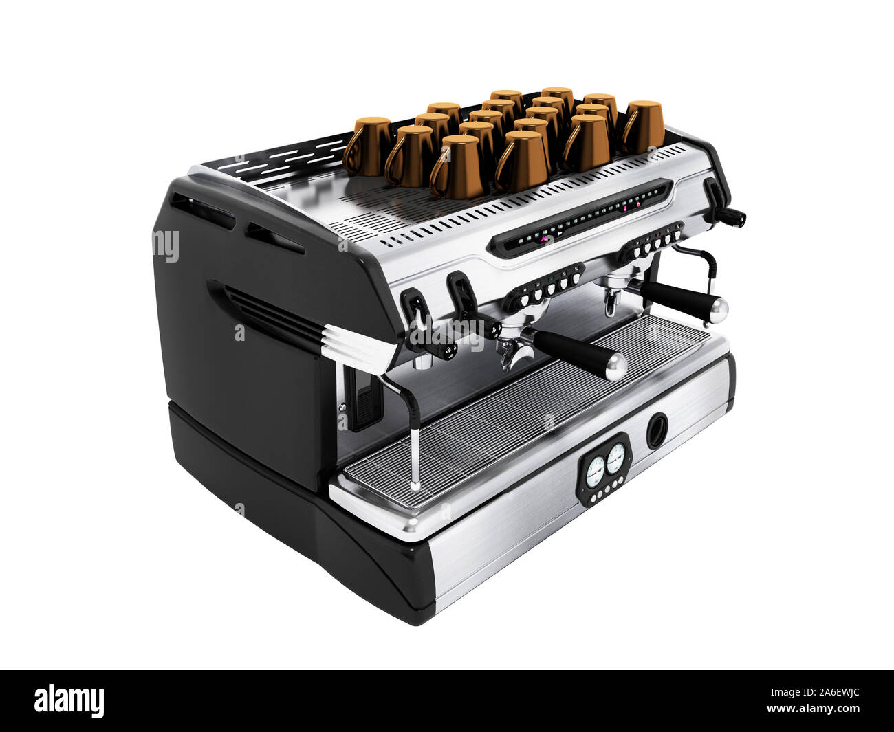 Modern metal coffee machine on chotry cup with set of 3d render cups on ...