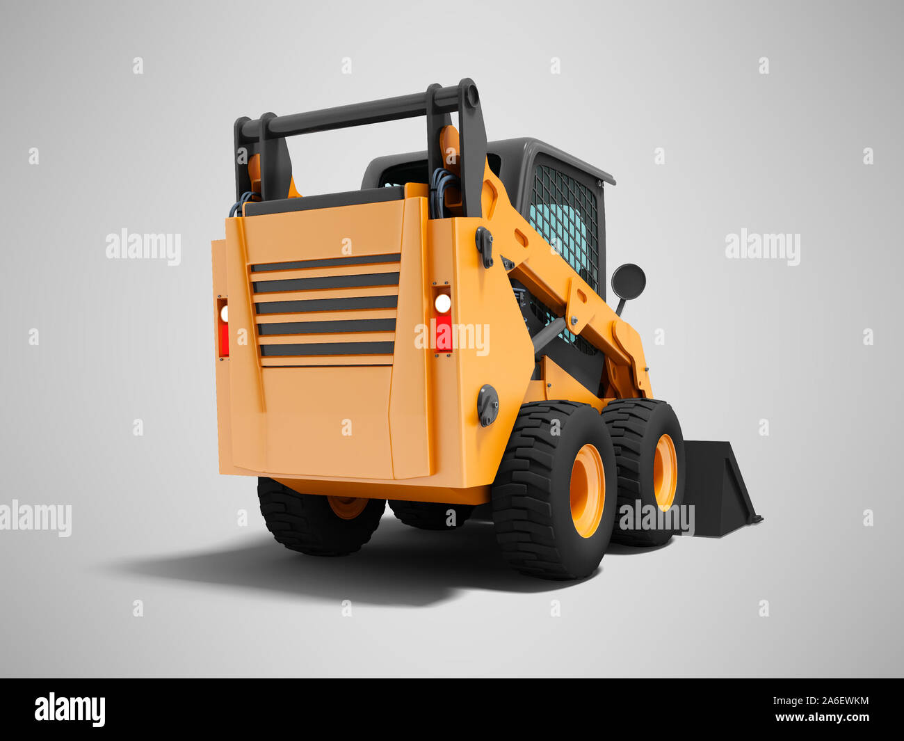 Modern orange mini loader on the back with black 3d rider on gray ...