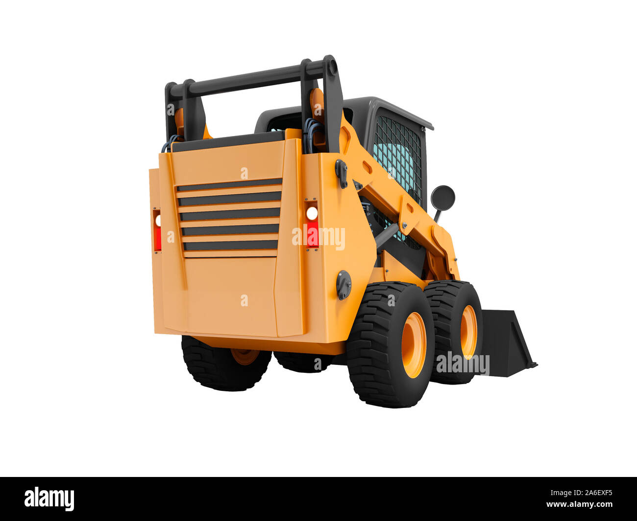Modern orange mini loader on the back with black 3d rider on white ...