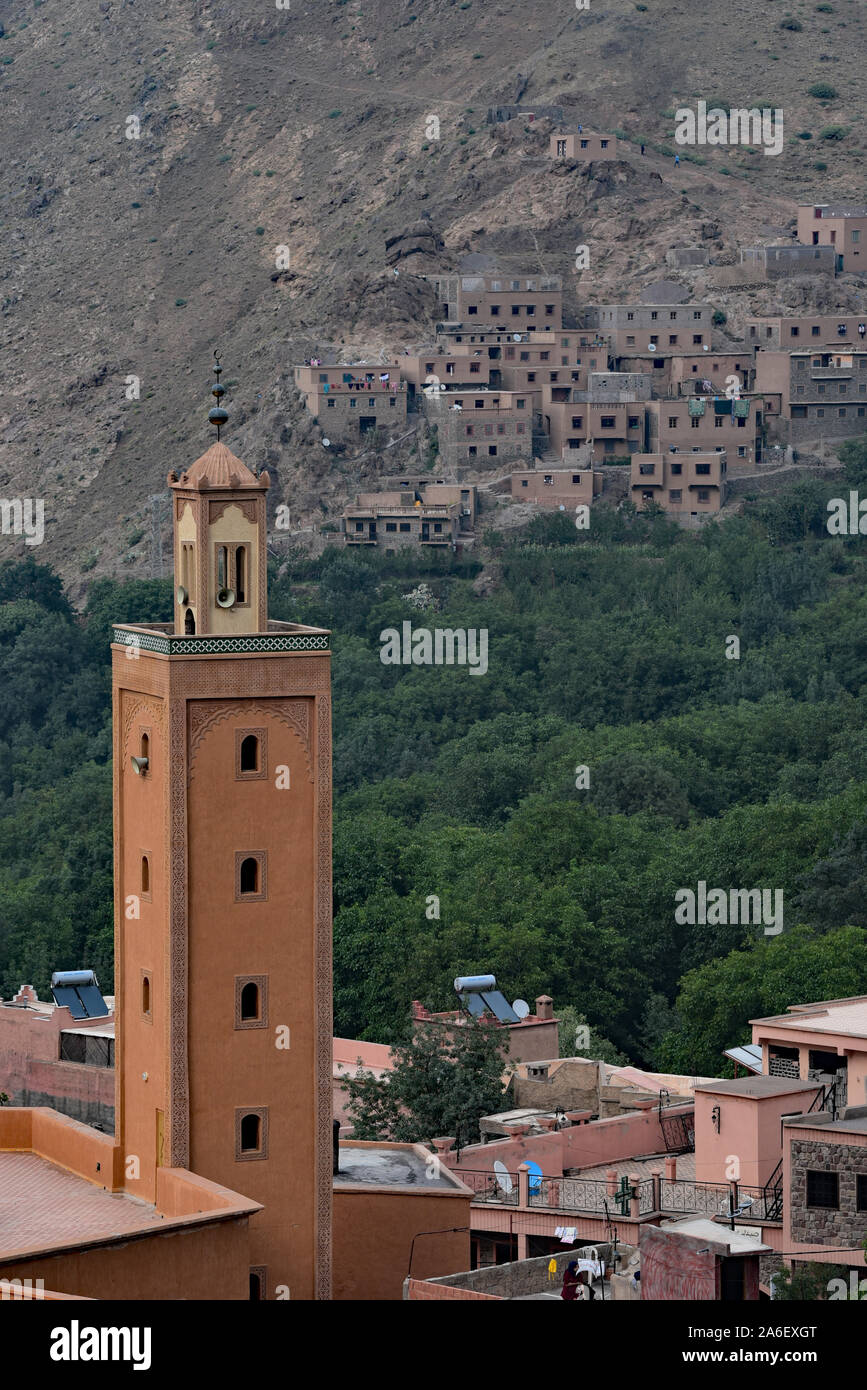 Minaret of the village mosque and hillside houses, Imlil, High Atlas ...
